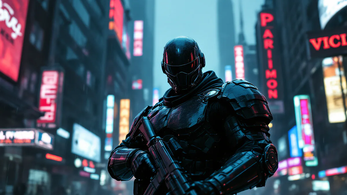 A stern, armor-clad lawman in a dystopian megacity stands ready for ...
